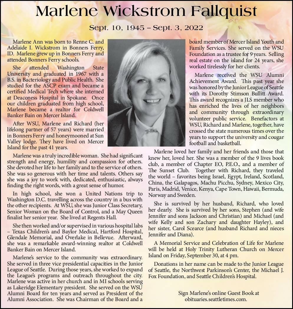 Marlene Wickstrom Fallquist | Obituary | Bellevue Reporter